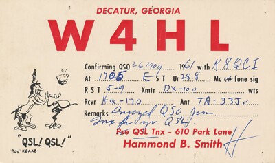 QSL CARD HAM RADIO W4HL HAMMOND B. SMITH DECATUR, GEORGIA YEAR 1961 | eBay