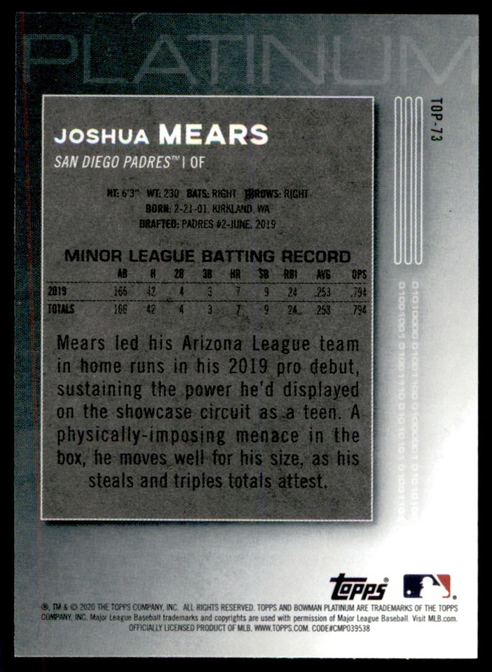 2020 BOWMAN PLATINUM TOP PROSPECTS JOSHUA MEARS SAN DIEGO PADRES #TOP ...