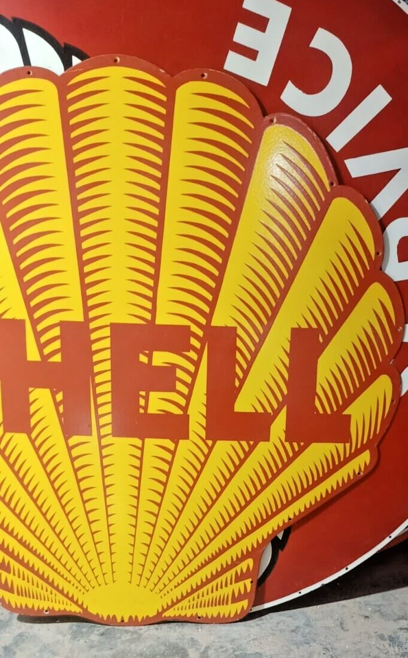 SHELL GAS & OIL ADVERTISEMENT DOUBLE SIDED PORCELAIN ENAMEL 5 FEET DIE ...