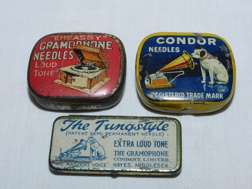 3 - ANTIQUE PHONOGRAPH / GRAMOPHONE TIN NEEDLE BOX " CONDOR & EMBASSY ...