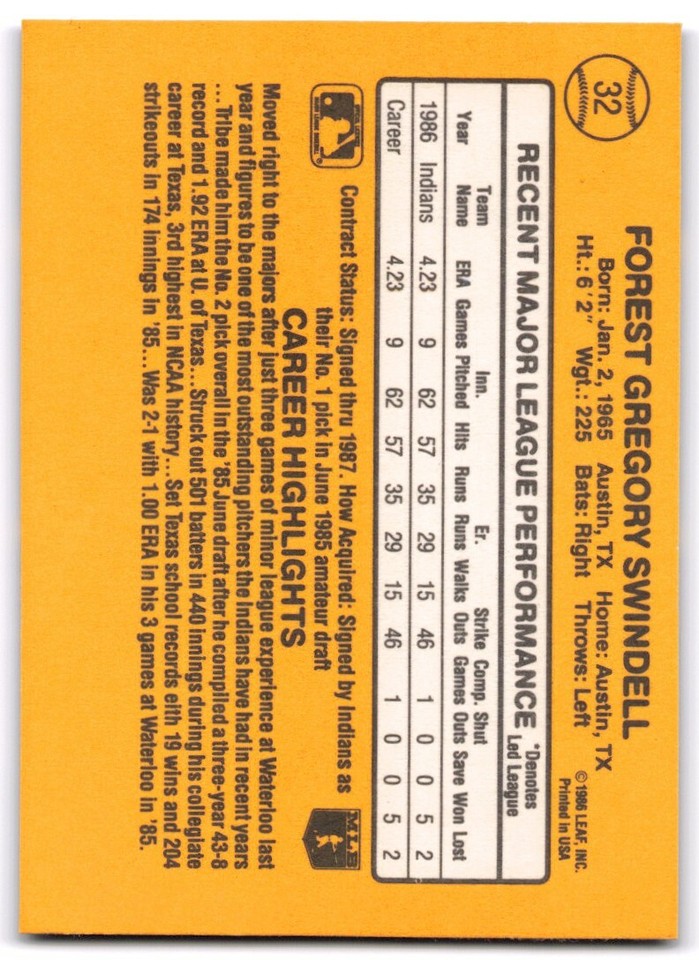 1987 Donruss Greg Swindell Rookie Cleveland Indians #32 | eBay