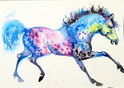 Signed Original watercolor painting ,equine,blue Horse running art ...