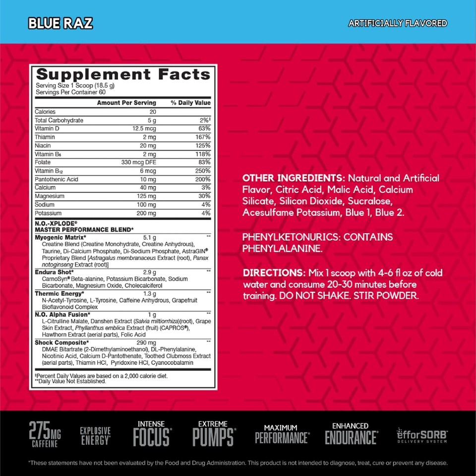 BSN NO Xplode Pre-Workout Pump Nitric Oxide Booster 60 Servings 5 ...