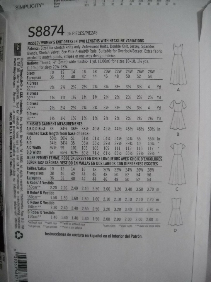 Knit Dress in 2 Lengths Women's size 20w-28w Simplicity 8874 Sewing ...