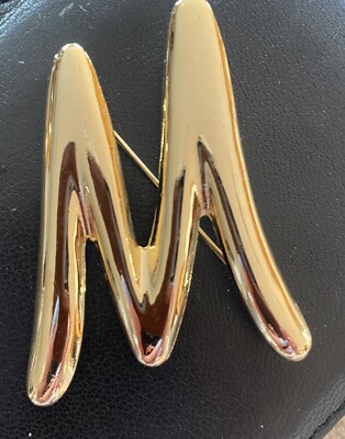 Vintage Initial Letter "M" Or "W" Brooch Pin Large Monogram Script Gold ...