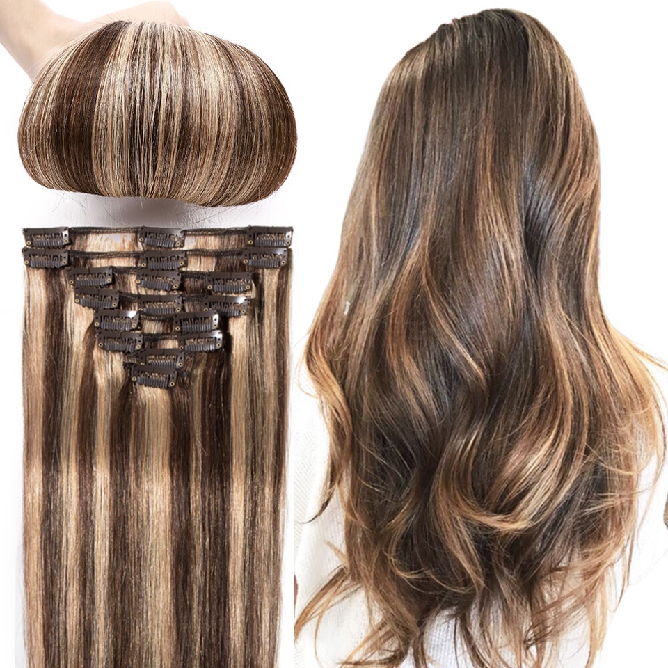 Clip In 100% Remy Real Human Hair Extensions Full Head Highlight Blonde ...