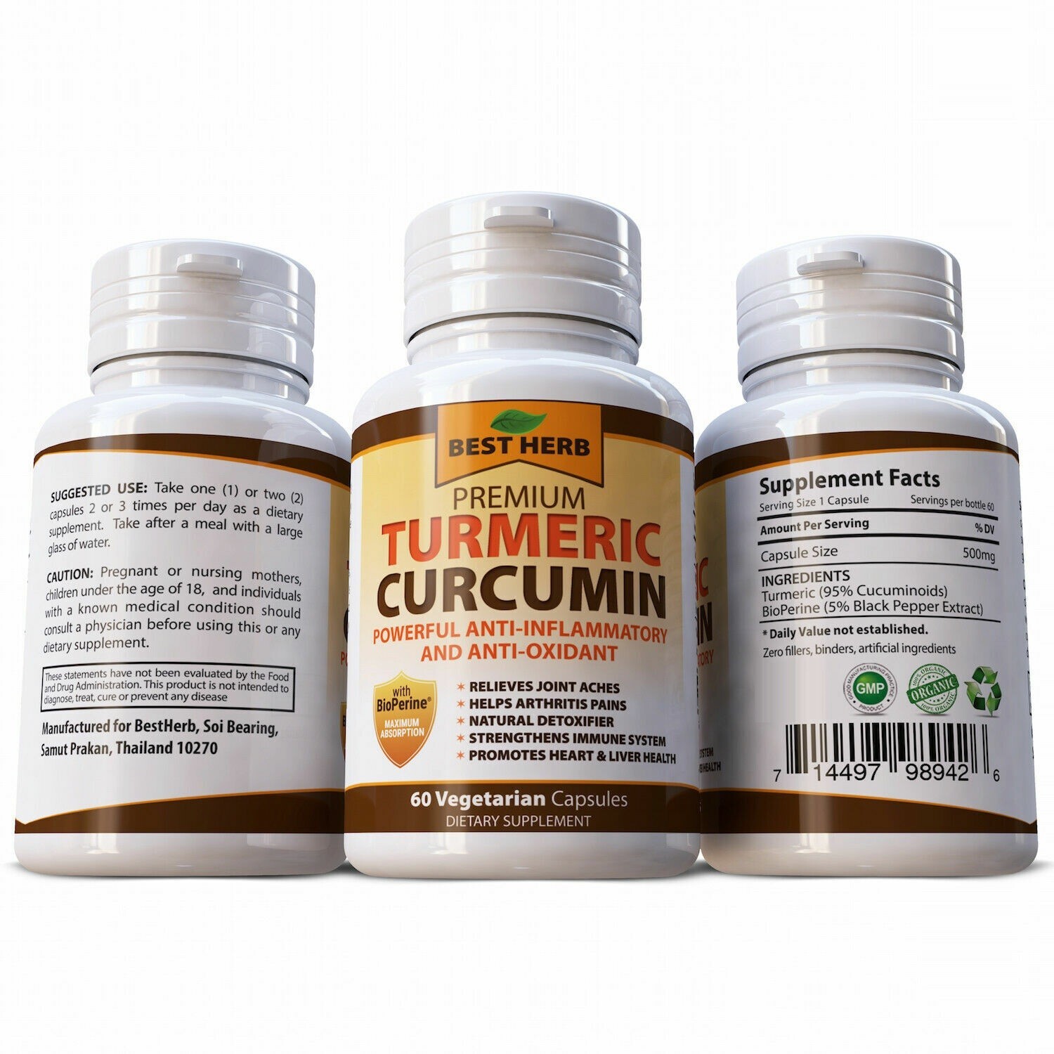 Best Herb Premium Turmeric Curcumin 500mg Capsules with Black Pepper ...
