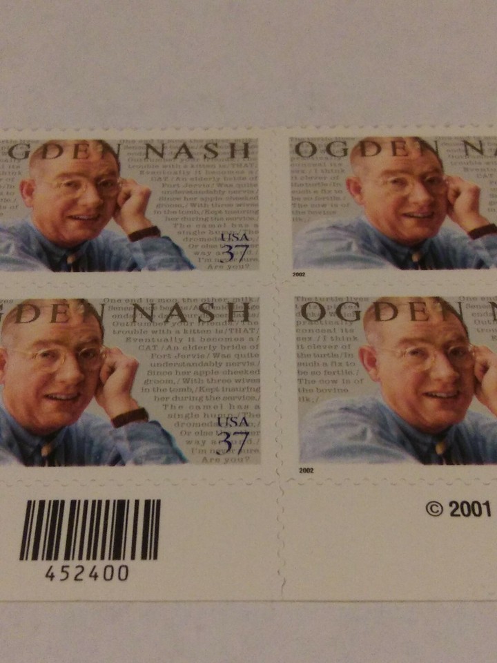 U.S. MINT NH 37 CENT LITERARY ARTS OGDEN NASH STAMP PLATE BLOCK CV 6.25 ...