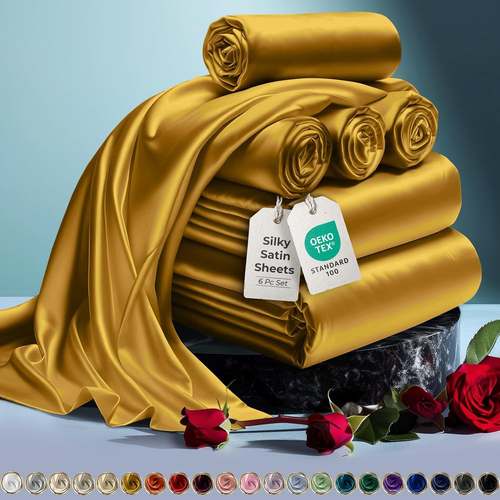 Satin Bed Sheets - 6 Piece Luxury Silky King Size Bedding Set - Softer ...
