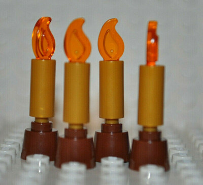 LEGO PARTS - 4X PEARL GOLD CANDLES WITH TRANSPARENT ORANGE FLAME/BASE ...
