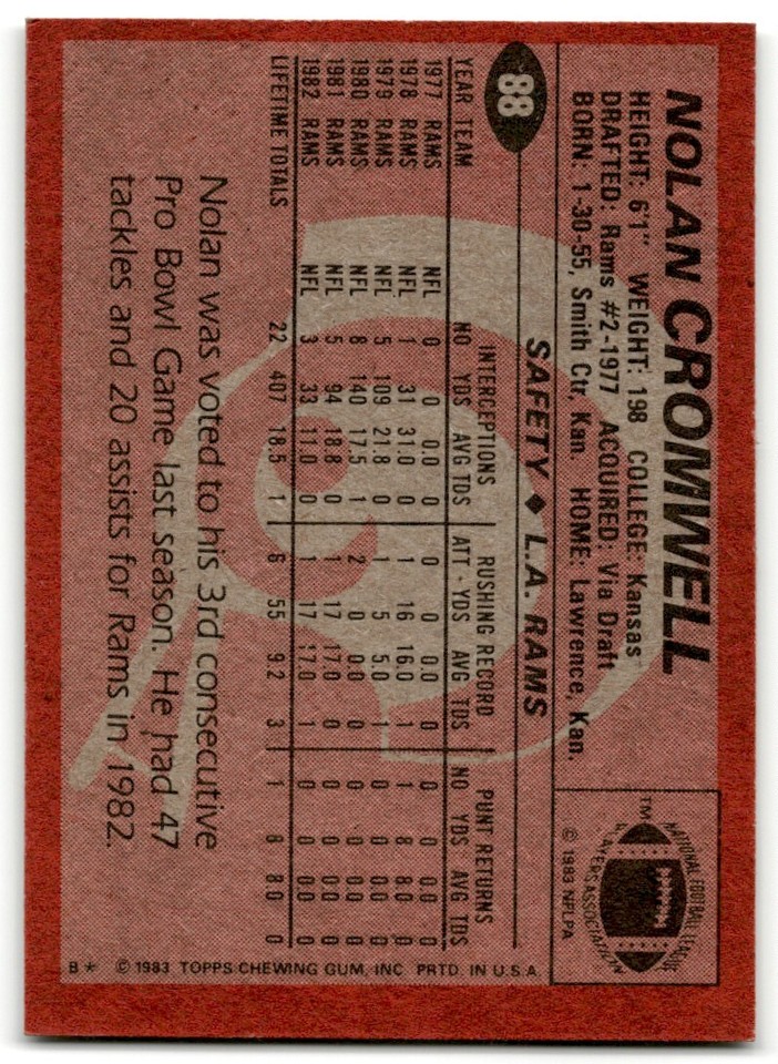 1983 Topps NFC All Pro Nolan Cromwell Los Angeles Rams #88 | eBay