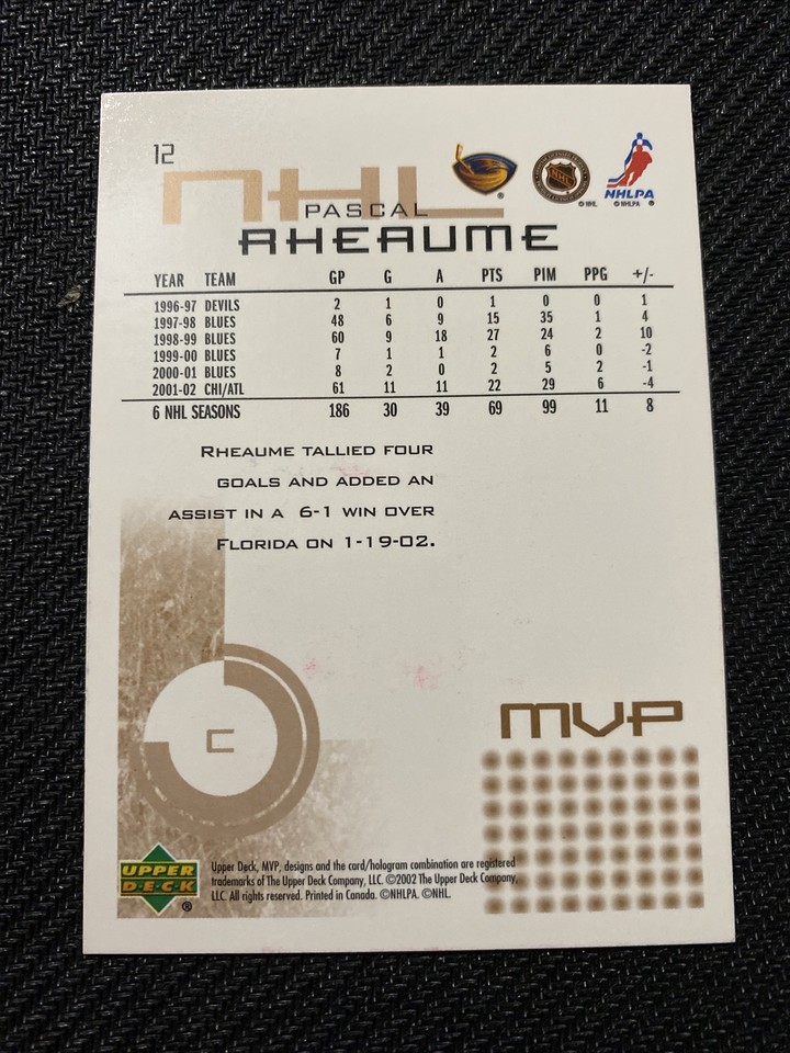 2002-03 Upper Deck MVP Hockey Autograph #12 Pascal Rheaume Auto ...