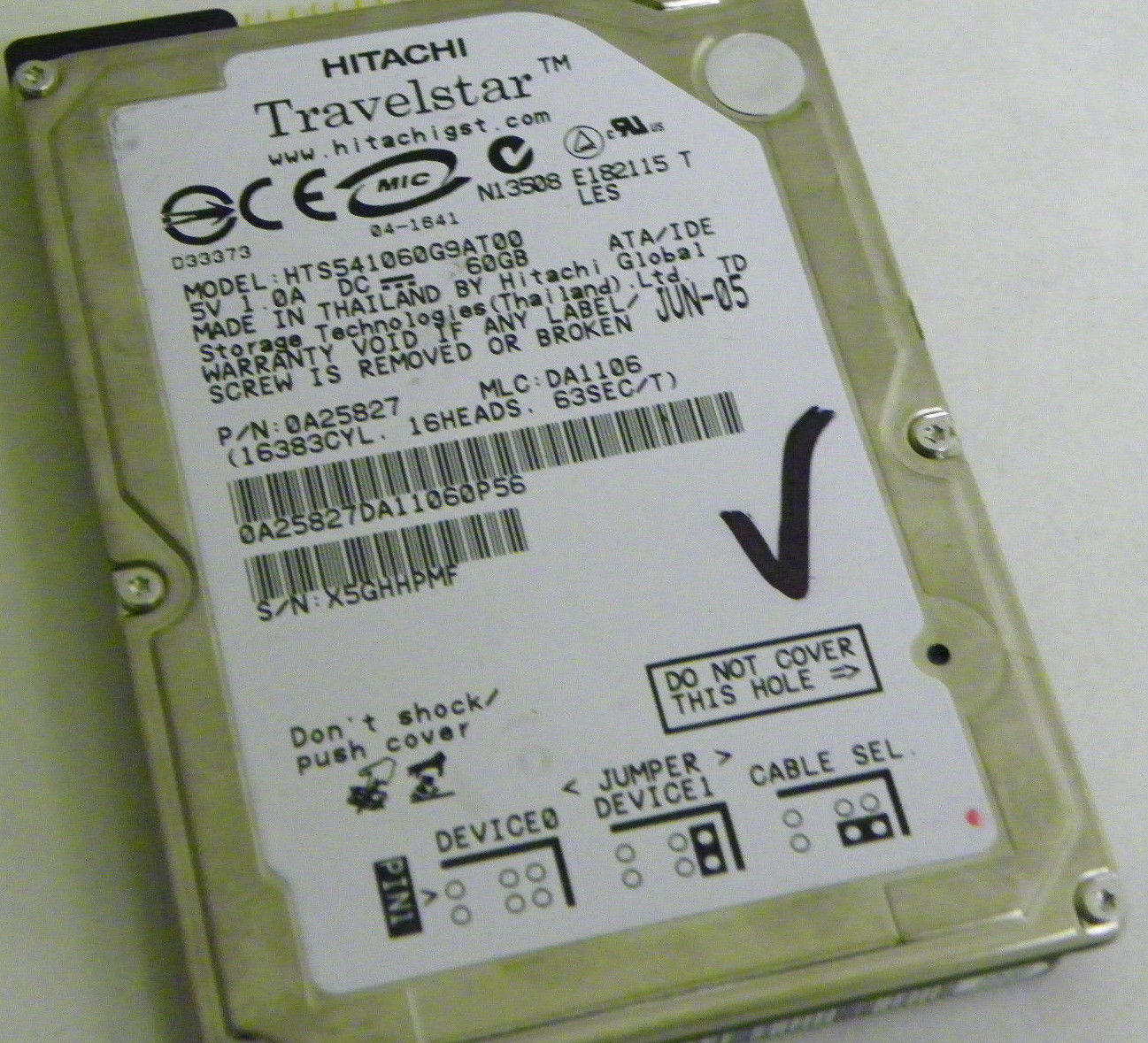 60GB Hitachi HTS541060G9AT00 Laptop IDE Hard Drive P/N 0A25827 MLC ...
