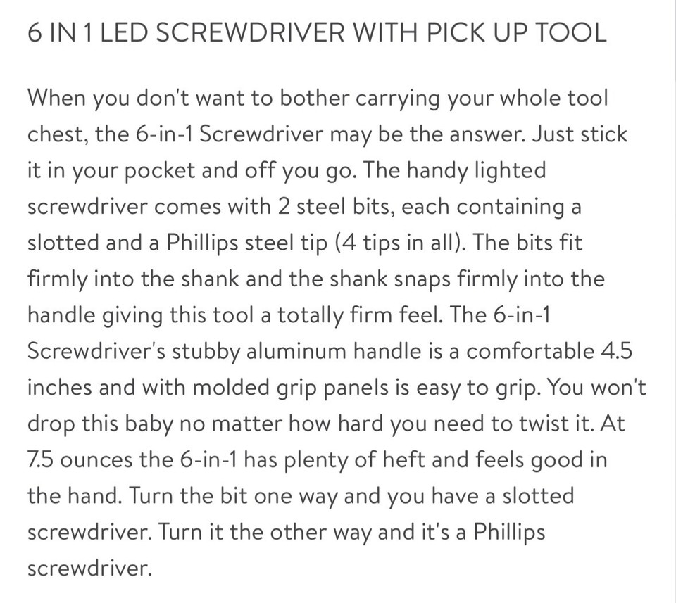 6 IN 1 LED SCREWDRIVER WITH PICK UP TOOL TOTAL VISION | eBay