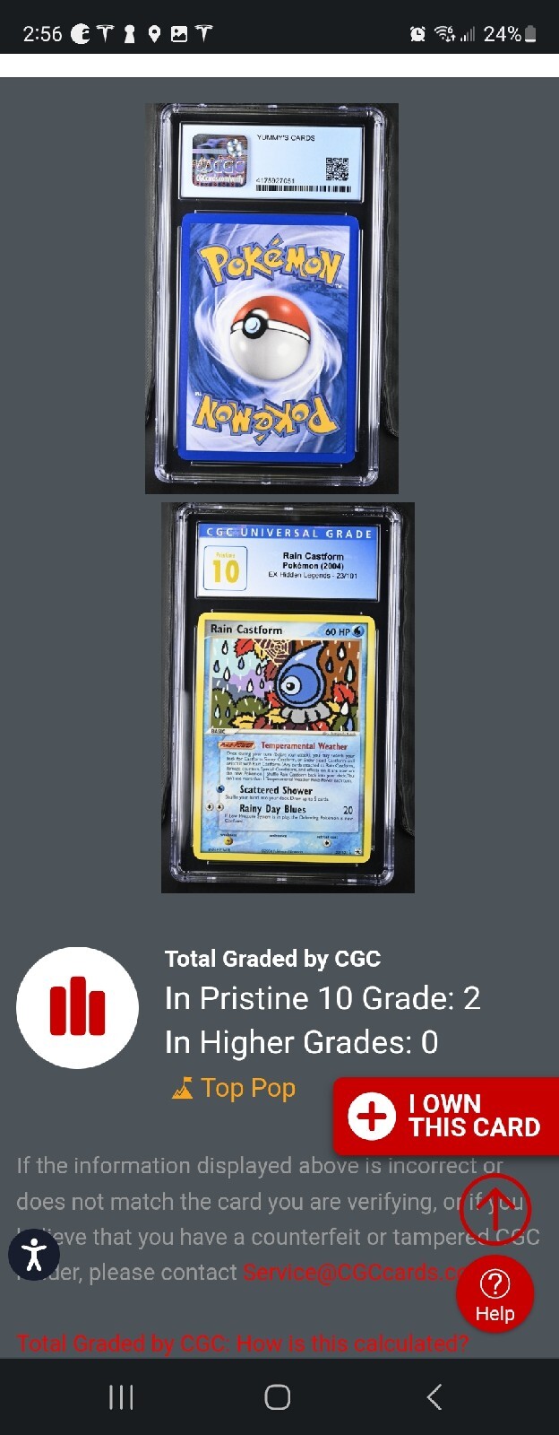 (POP 2) CGC 10 PRISTINE Rain Castform 23/101 Hidden Legends 2004 ...