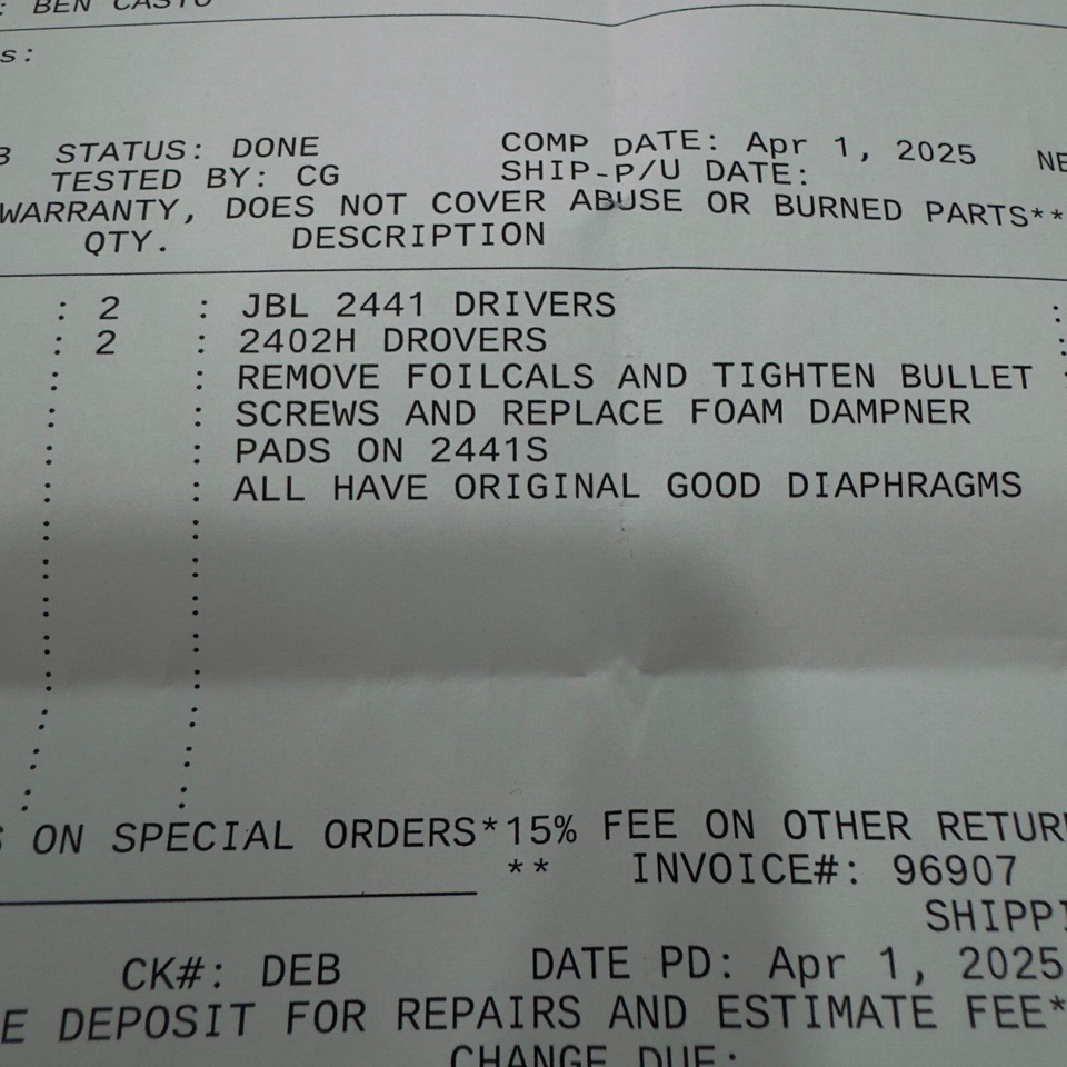 JBL 2441 Compression Driver Pair Speaker - Serviced April 2025 A ...