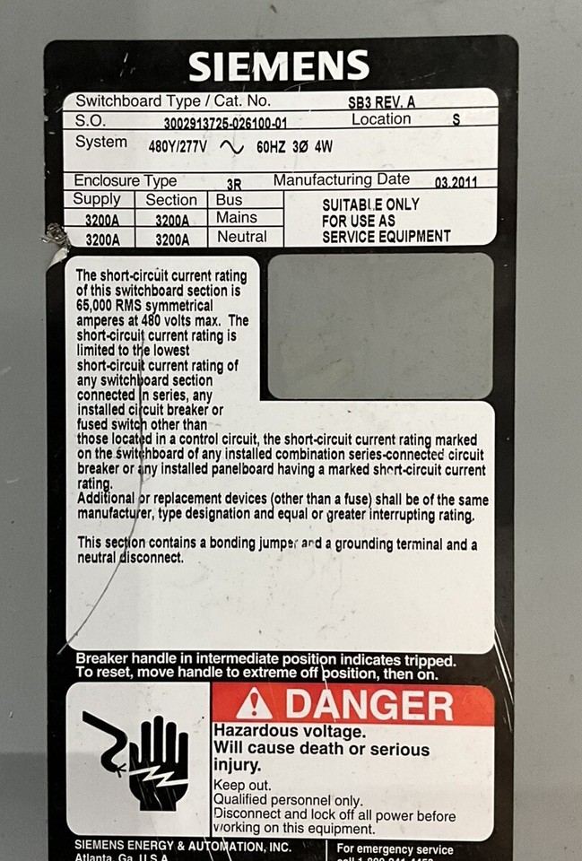 Siemens 3200 Amp 480V Switchgear 3R 3P 4W SB3REV.A 🟦 | eBay