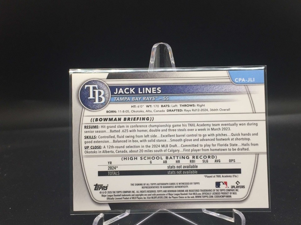 Jack Lines 2025 Bowman Chrome Speckle Auto CPA-JLI /299 Rays 1st | eBay