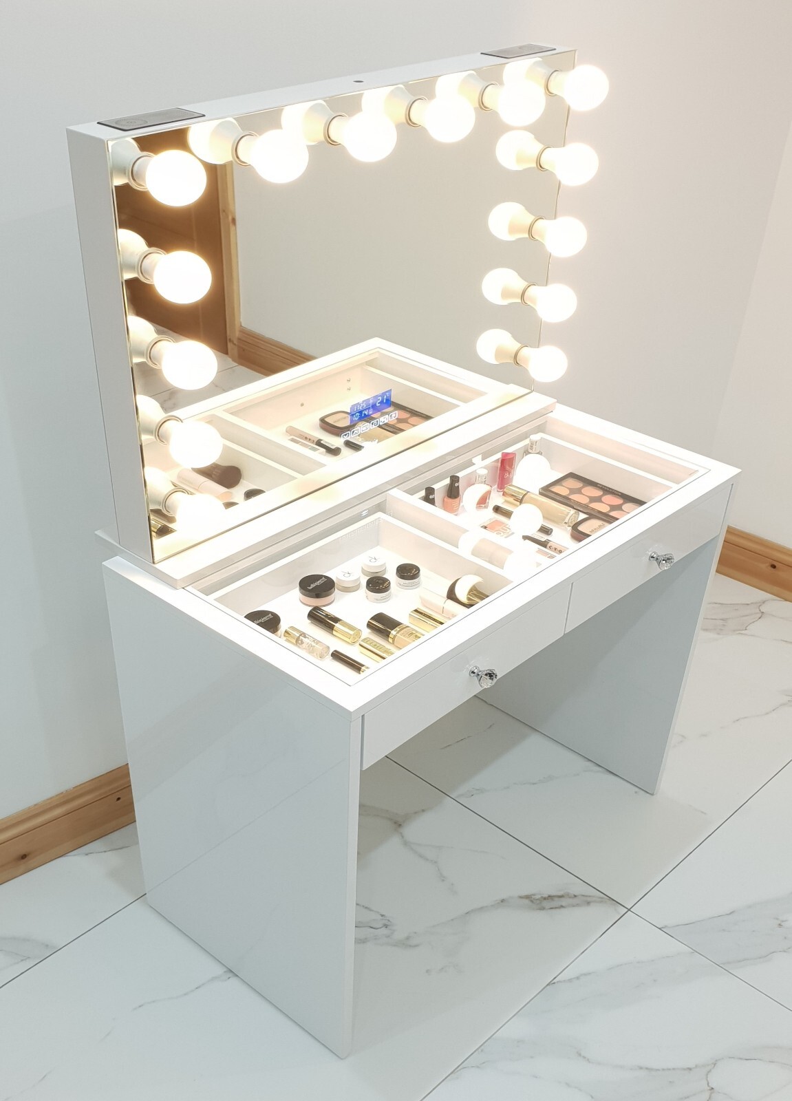 Dressing Table Vanity Station Clear Glass Top Salon Grade High-Gloss ...