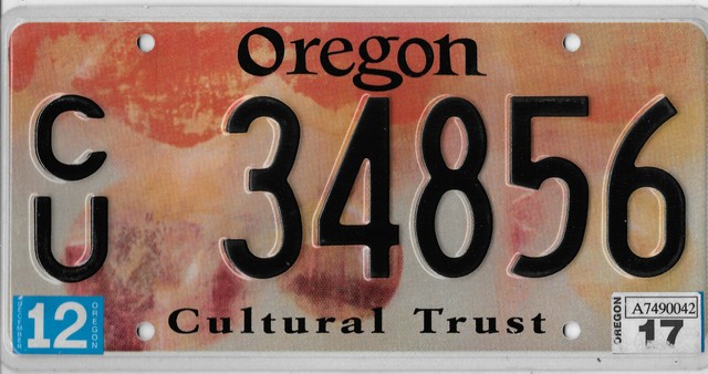 OREGON CULTURAL TRUST GRAPHIC LICENSE PLATE # CU 34856 EXCELLENT SHAPE ...