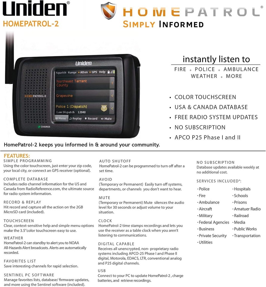 Uniden HomePatrol-2 Color Touch Screen Scanner, Emergency Alarm | eBay