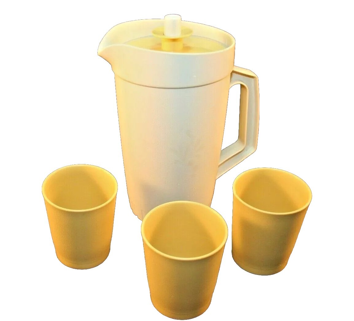 Vintage Tupperware 1qt. Push Button Pitcher Almond/Harvest Gold Lid & 3 ...
