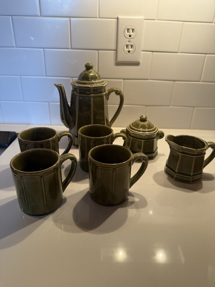 Royal Sealy Stone Craft Olive Green Coffee Set Japan Pot, Sugar ...