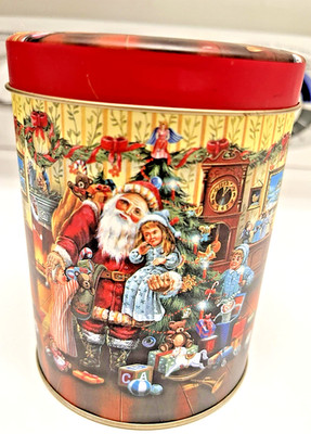 Vintage Santa Christmas Container /Tin Cookie Box Round 4" wide X 5 ...