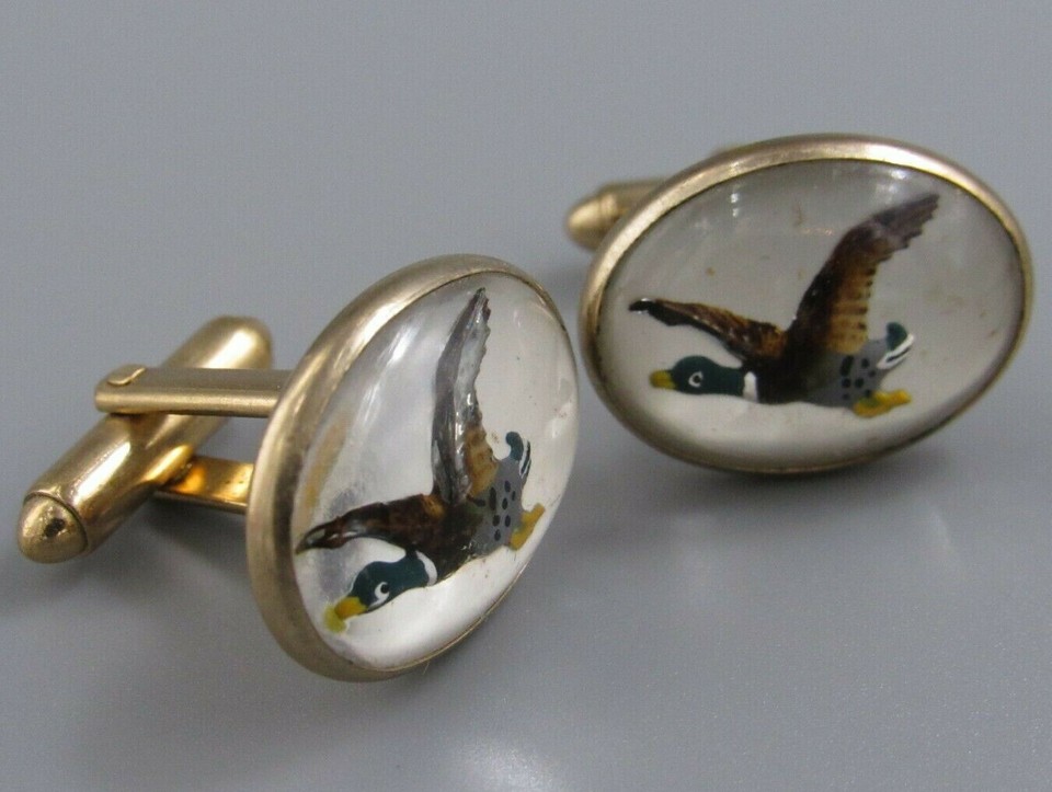 Mens Vintage CUFFLINKS Reverse Glass MALLARD DUCK Costume Jewelry O92 ...