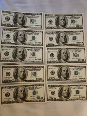 1996 - CONSECUTIVE 100 hundred Dollar bills - 10 total - Great ...
