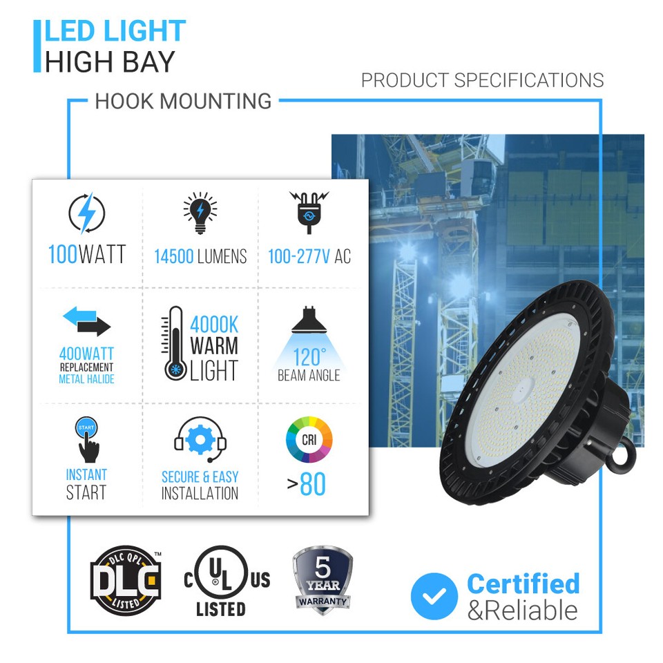 100W UFO LED High Bay Light IP65 Rated Commercial Shop lights for Gym ...