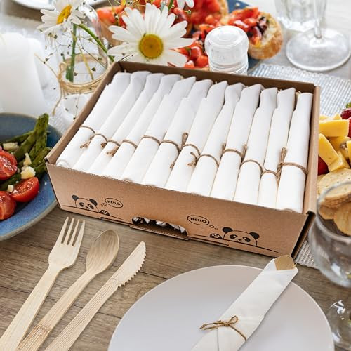 Pre-Rolled Bamboo Cutlery Set with Napkin – 50 Pack Disposable Bamboo ...