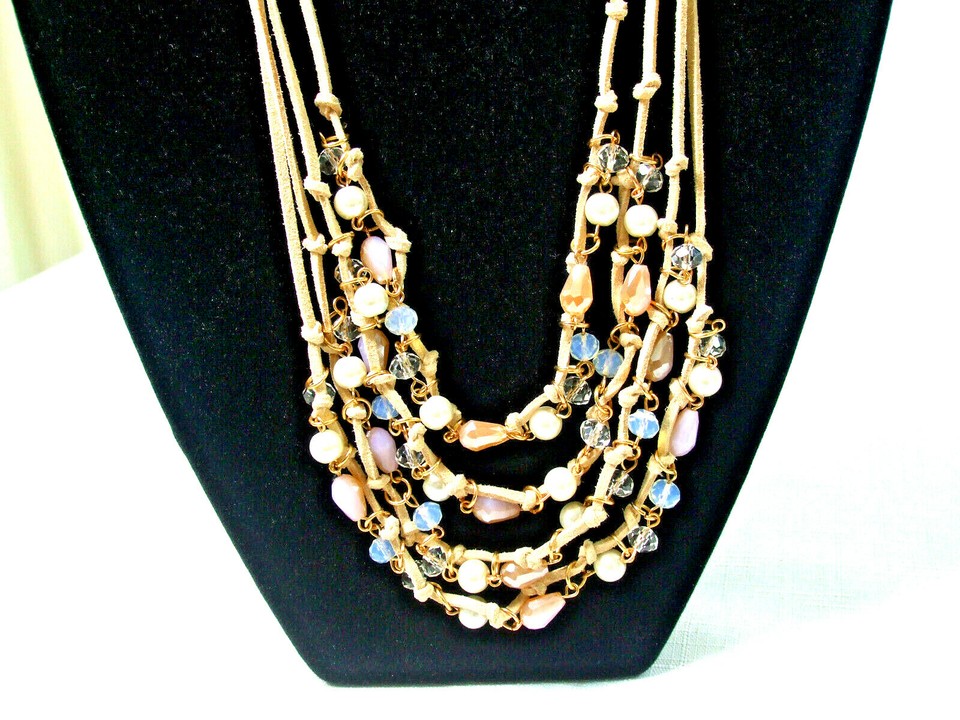 4 Strands Necklace Tan Leather Strings Beaded w Light Stones Gold Tone ...