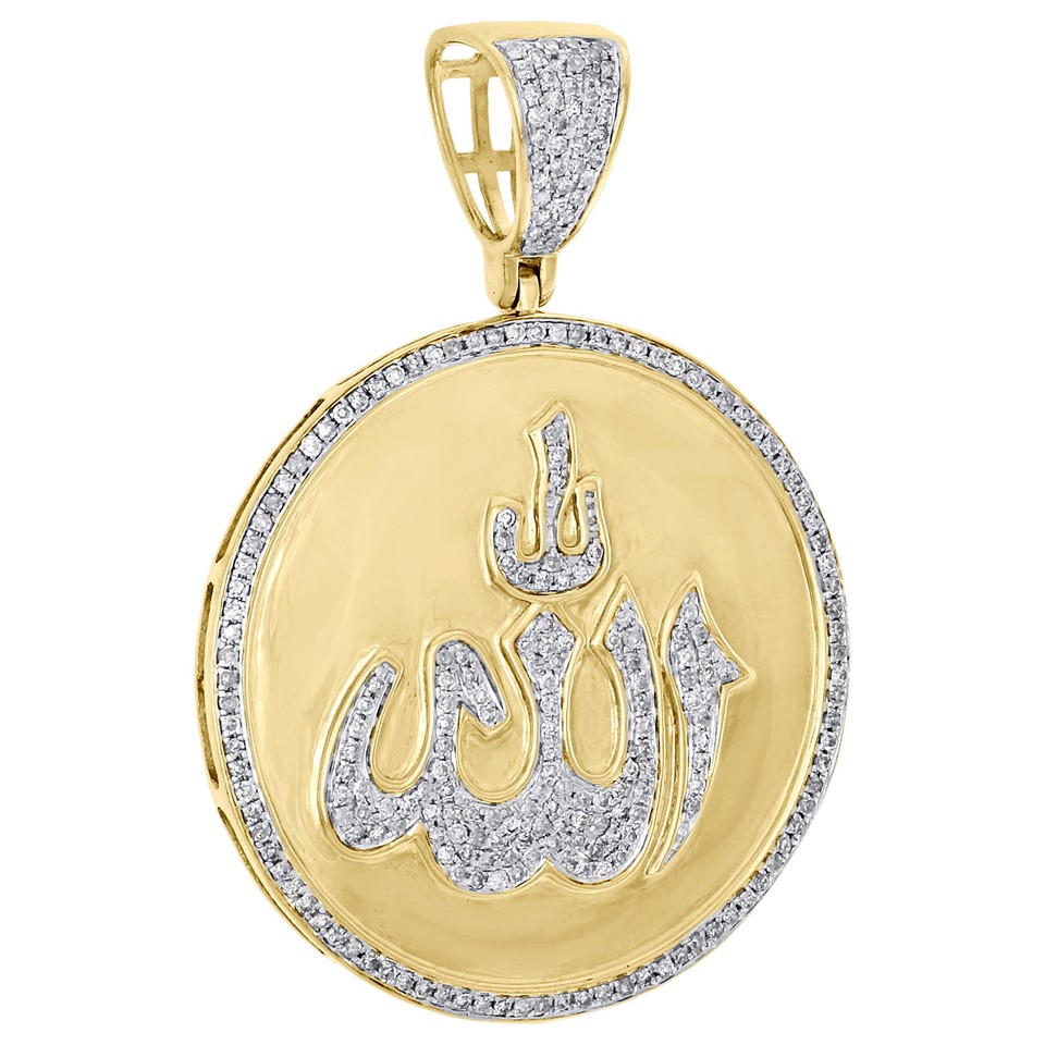 10K Yellow Gold Diamond Allah Medallion Islamic Pendant 1.7" Pave Charm ...