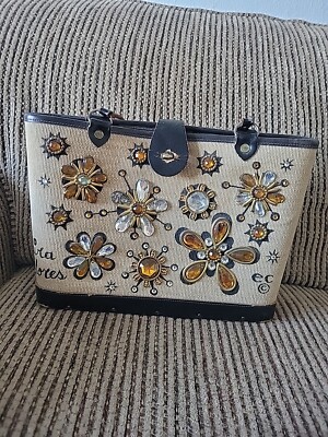 Enid Collins Canvas Handbag "Mira Flores" Purse Wooden Bottom | eBay