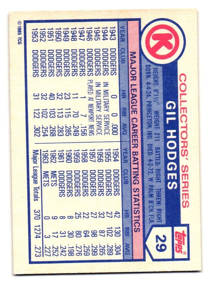 1985 Topps Circle K # 29 Gil Hodges Brooklyn Dodgers | eBay