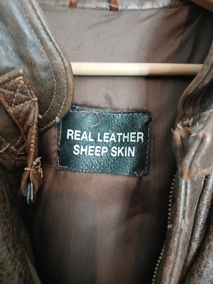 LTT Vintage Real DISTRESSED Leather SHEEPSKIN Brown Bomber Jacket chest ...