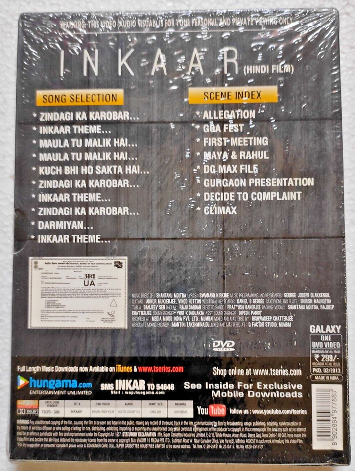 Inkaar DVD Bollywood Movie DVD Arjun Rampal Chitrangda Singh Deepti ...