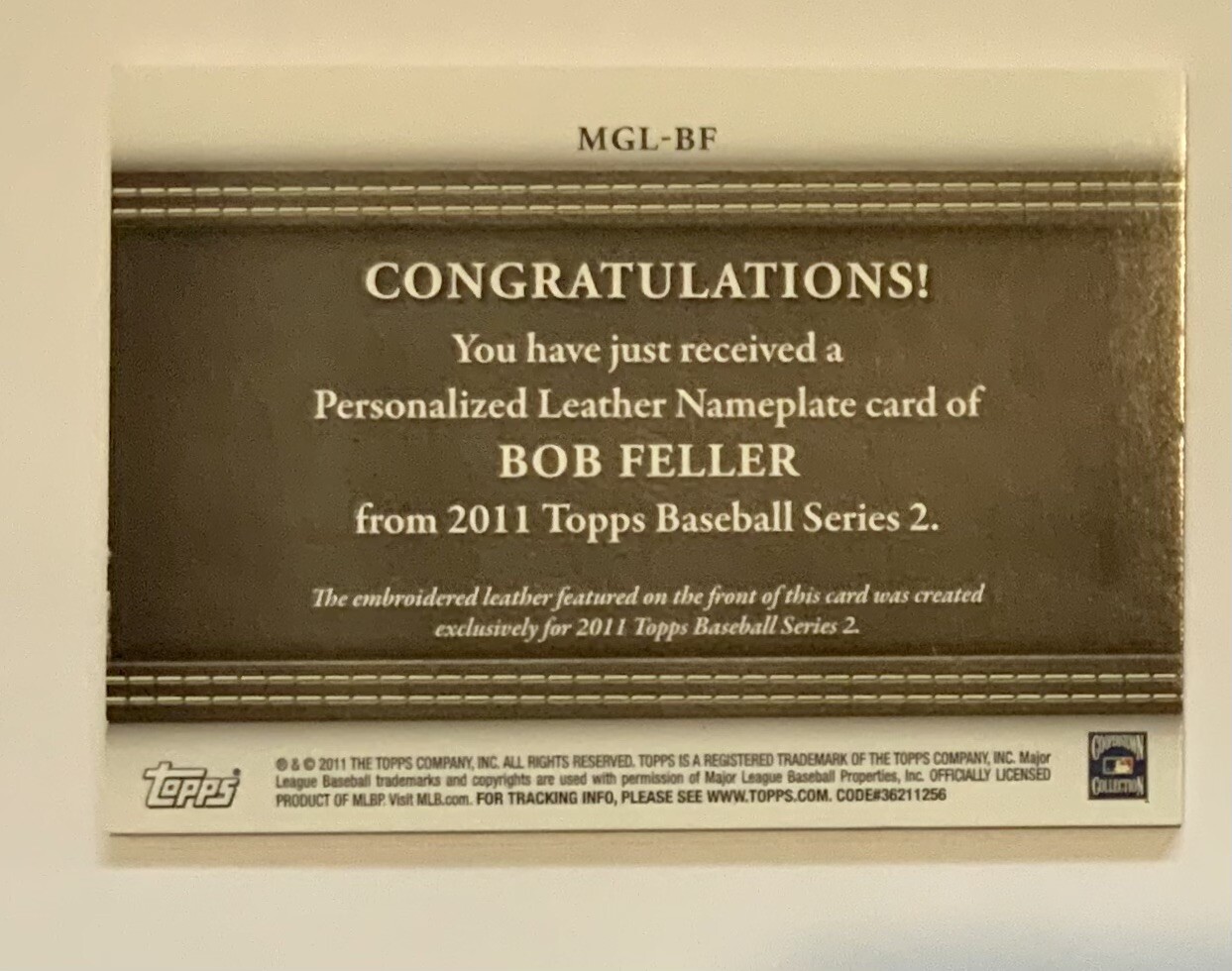 2011 Topps Glove Manufactured Leather Nameplate Bob Feller Card #MGL-BF ...