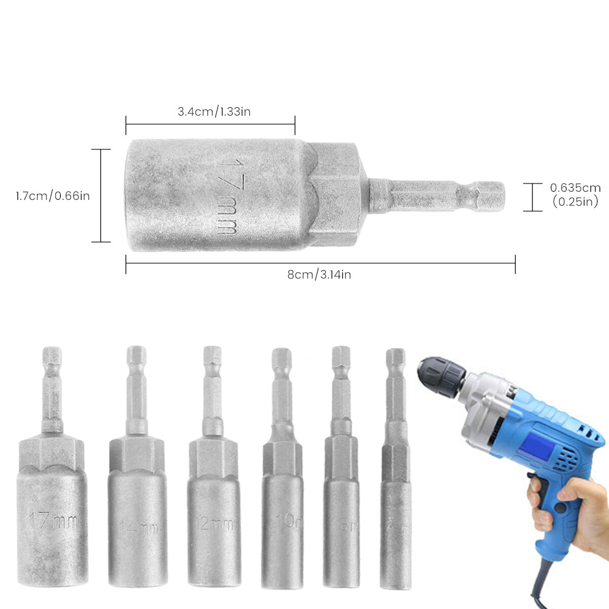 6Pcs 6mm-17mm Extra Deep Socket Adapter Bolt Nut Bit 1/4 Inch Hex Shank ...