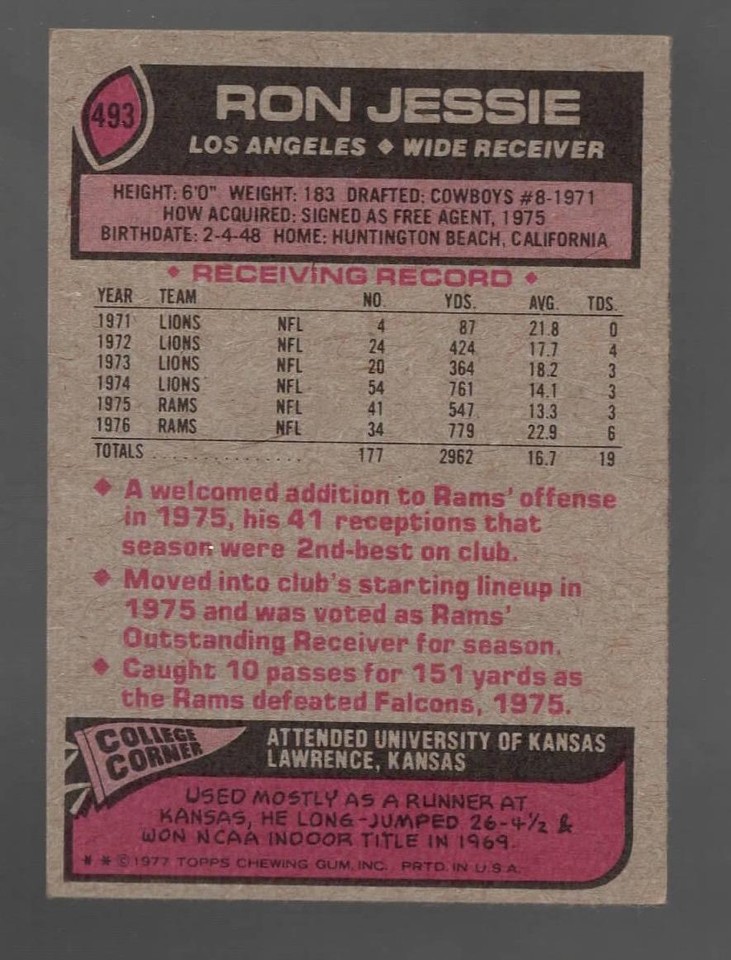 1977 Topps Ron Jessie Los Angeles Rams #493 Excellent | eBay