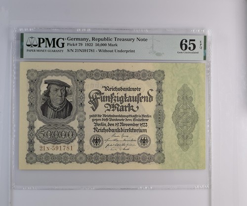 GERMANY REPUBLIC TREASURY 50000 Mark 1922 P 79 UNC PMG 65 EPQ | eBay