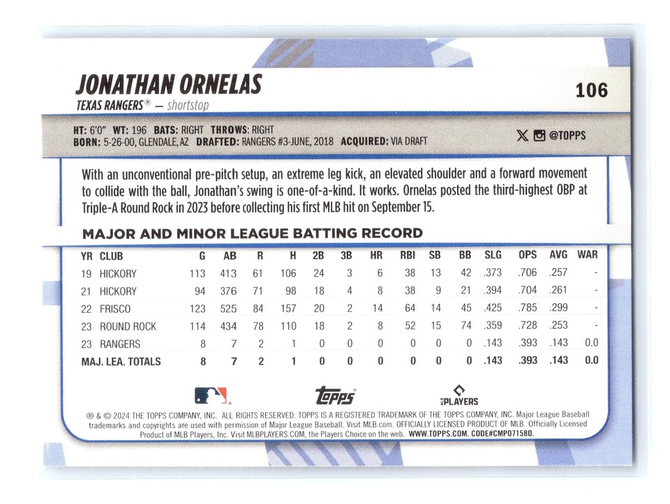 2024 Topps Big League Baseball #106 Jonathan Ornelas Rookie RC Texas ...
