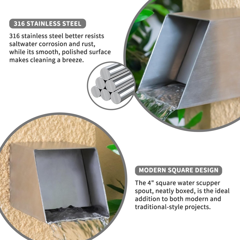 4" Square Outdoor Water Fountain Spout - Stainless Steel 316 Spillway ...