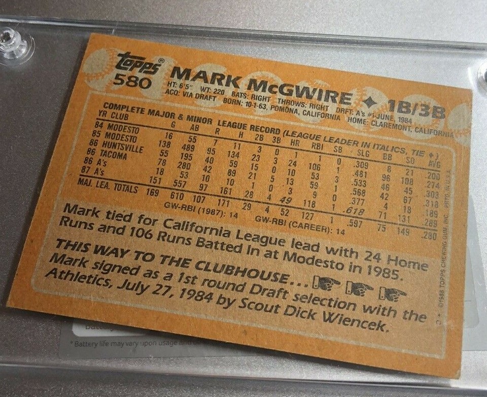 Topps Rookie Mark McGwire #580 Baseball Card ERROR CARD Blue Line ...