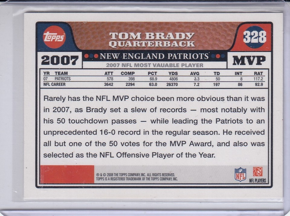 TOM BRADY 2008 Topps #328 MVP Patriots | eBay