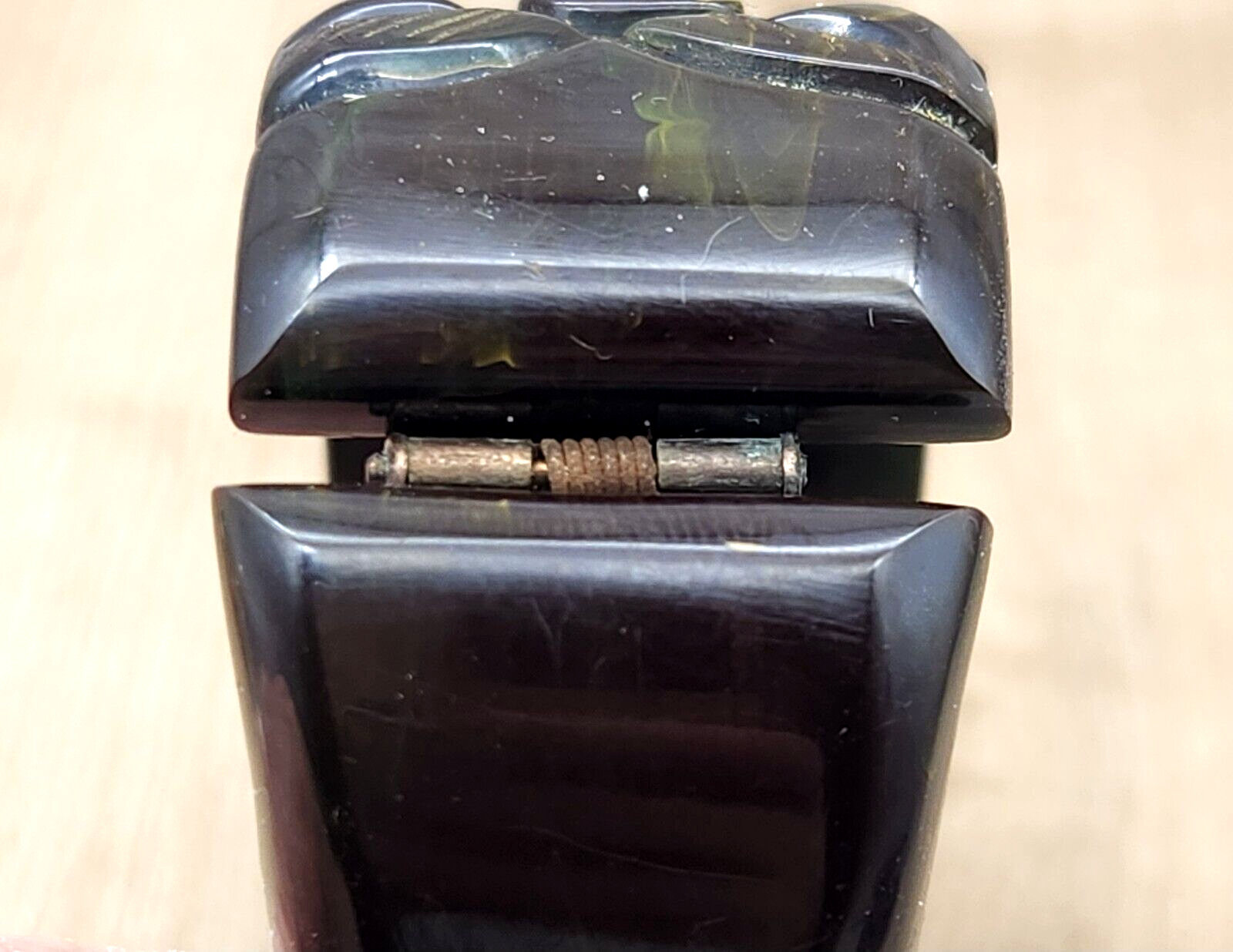 SMALL Vintage Blue Moon Bakelite Heavily Carved Floral Flower Clamper ...