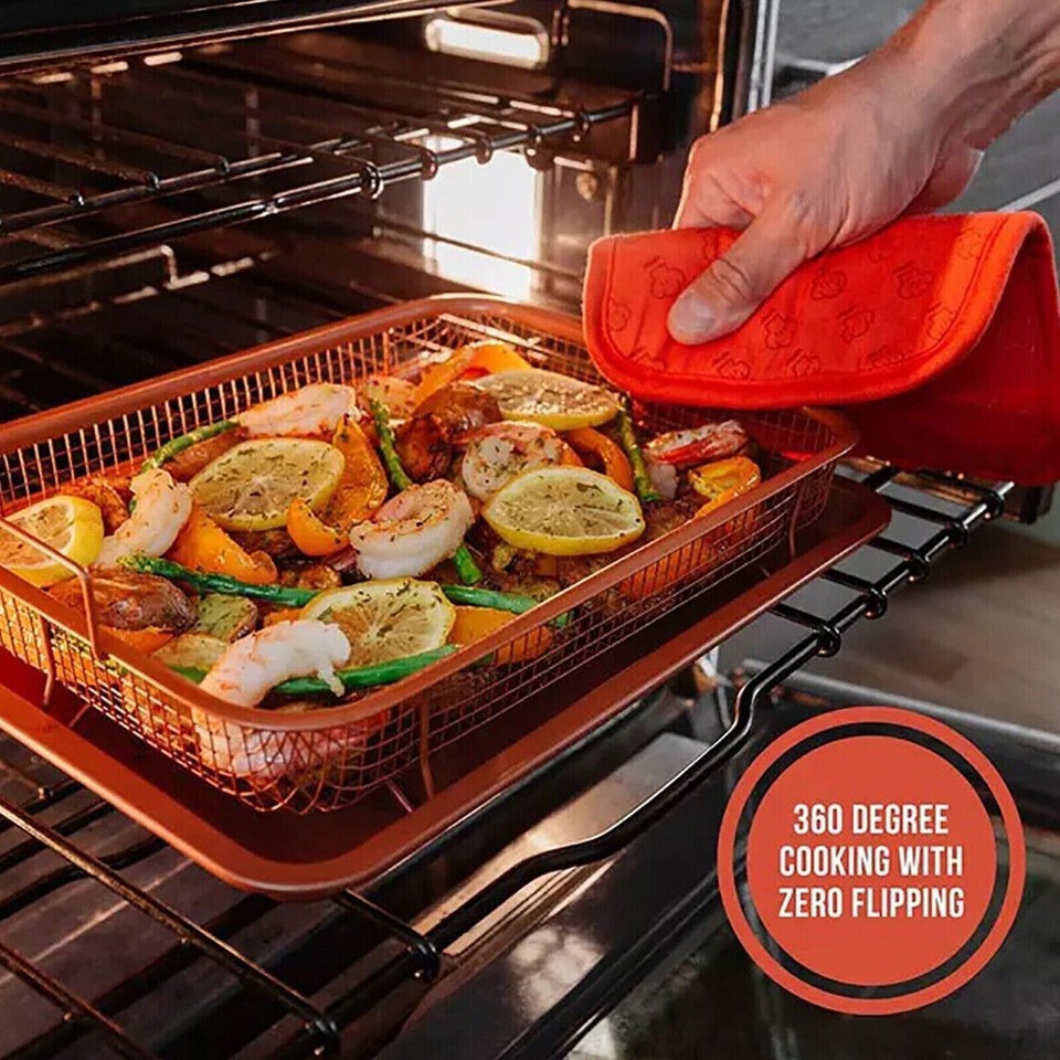 2 Pcs Copper Crisper Non-Stick Oven Mesh Baking Tray Chips Crisp Basket ...