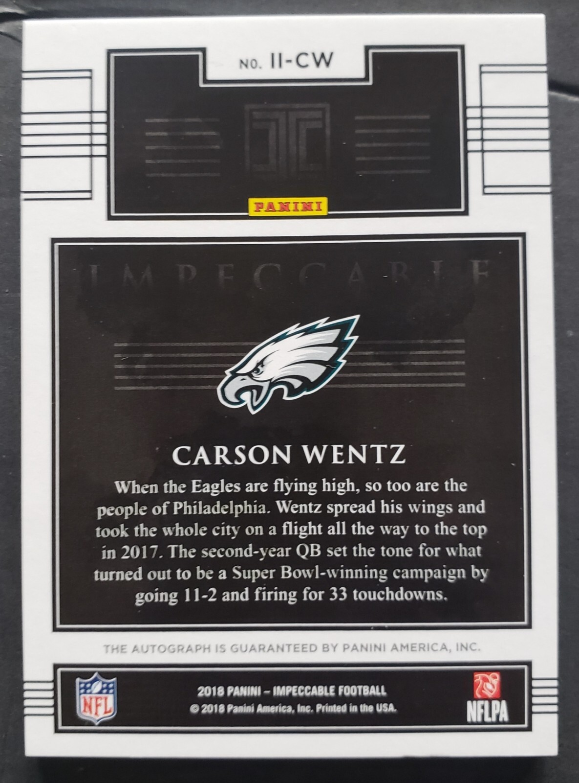 2018 PANINI IMPECCIBLE INDELLIBLE INK CARSON WENTZ AUTO SILVER SSP /25 ...