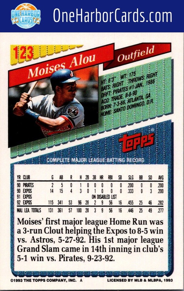 1993 Topps Montreal Expos Baseball Card #123 Moises Alou | eBay